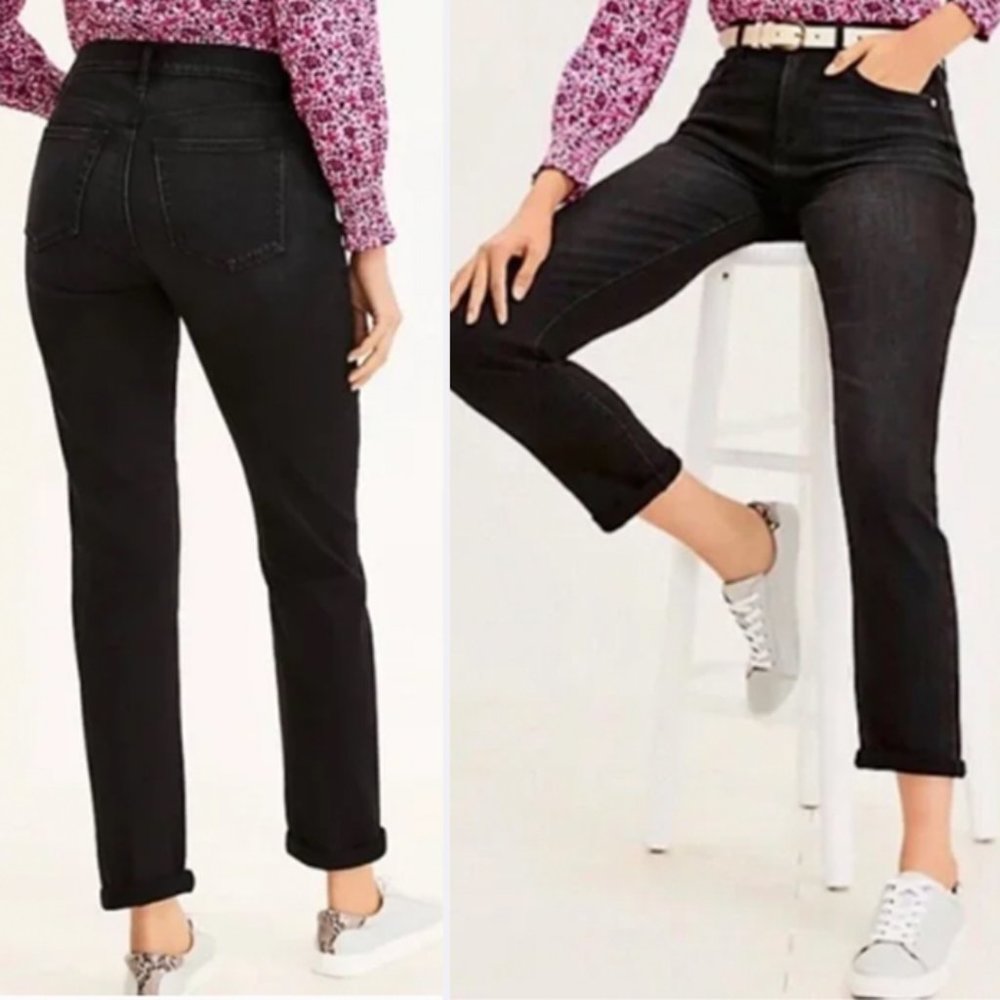 Loft Girlfriend Cuffed Crop Black Denim Jeans - Gem